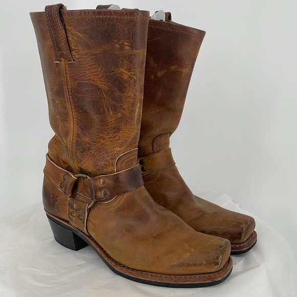 Frye | Shoes | Frye Harness Boots M Tan Brown Leather Side Buckle Biker Motorcycle 77300 | Poshmark